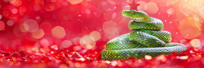 Green Snake Coiled with Red Star on Top on Sparkling Red Background ...