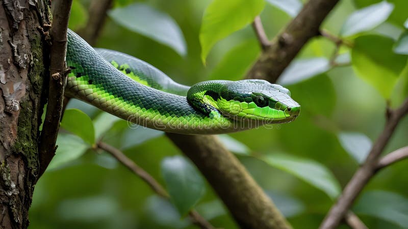 Green Snake Coiled on a Tree Branch Stock Photo - Image of jungle, tree ...