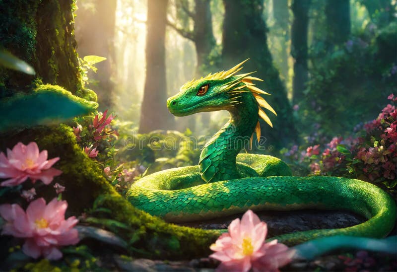 Green Snake Coiling in Greenery of Highland Forest Stock Illustration ...