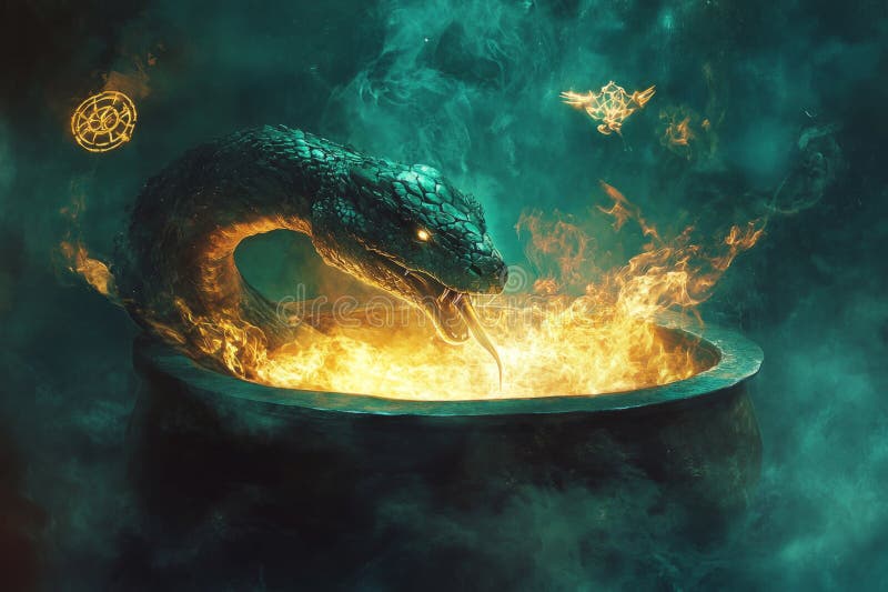Green Snake Emerges from a Cauldron Containing a Boiling Magic Potion ...