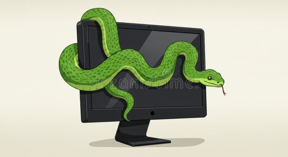 Green Snake Emerging from Computer Screen Symbolizing Cybersecurity ...