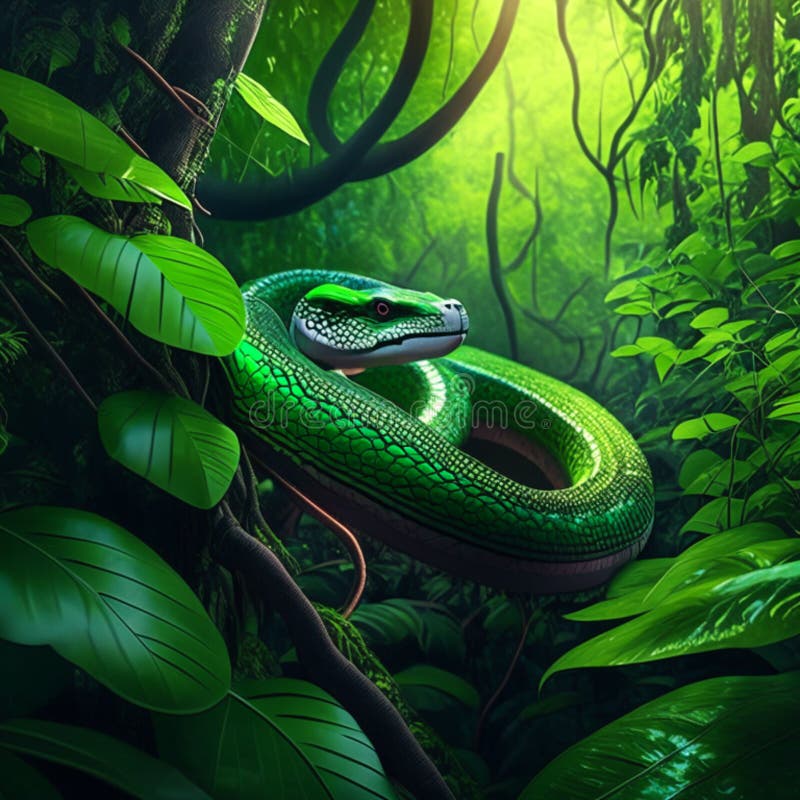 Green Snake in the Forest. 3d Rendering. Computer Digital Drawing Stock ...