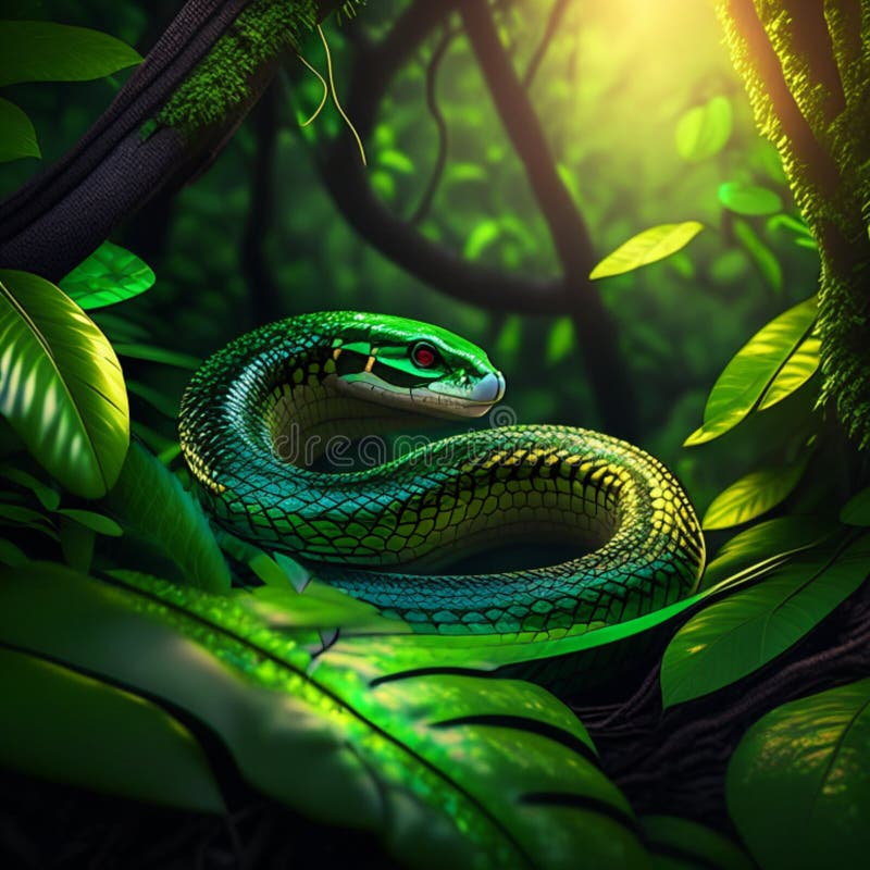 Green Snake in the Forest. 3d Rendering. Computer Digital Drawing Stock ...