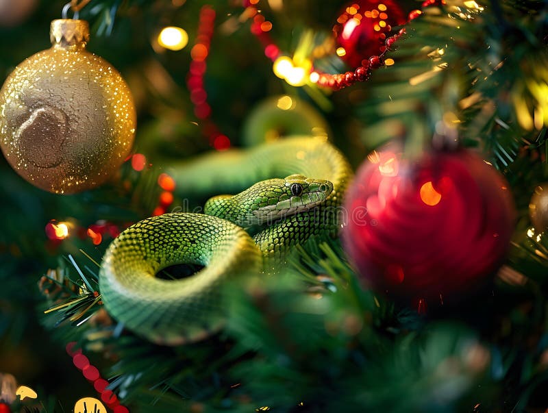 A Green Snake Gracefully Twists on the Branches of the Christmas Tree ...