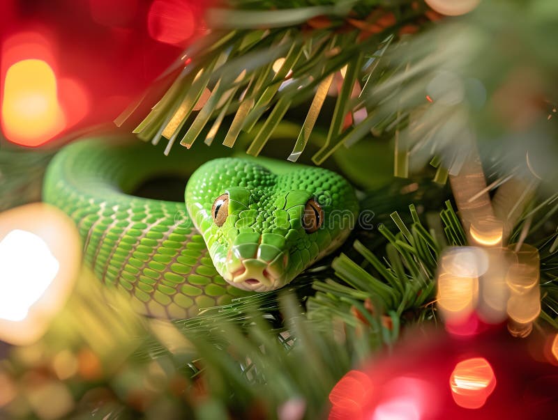 A Green Snake with a Heart-shaped Head on a Christmas Tree Stock ...