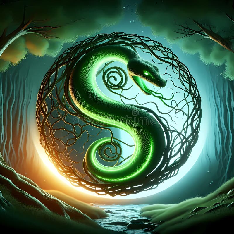 A Green Snake Interwind with Roots and Branches, Forming a Yin-Yang ...