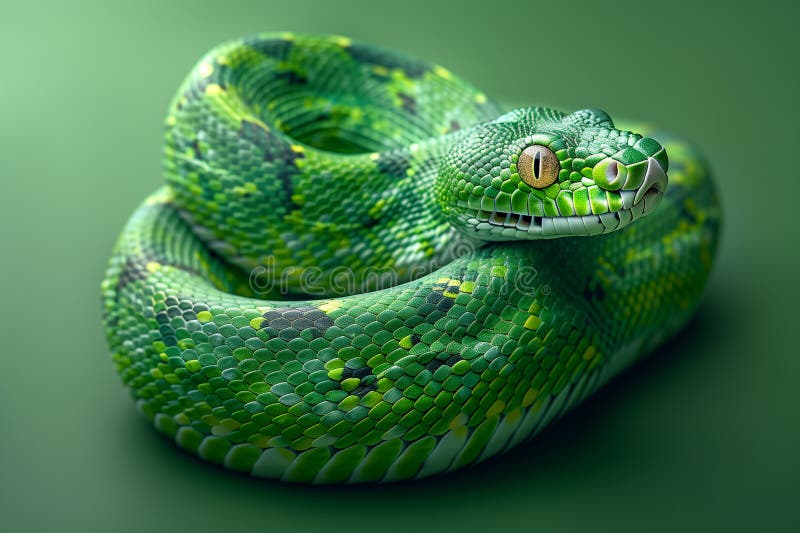 A Green Snake with Its Mouth Open Against a Green Backdrop Stock Photo ...