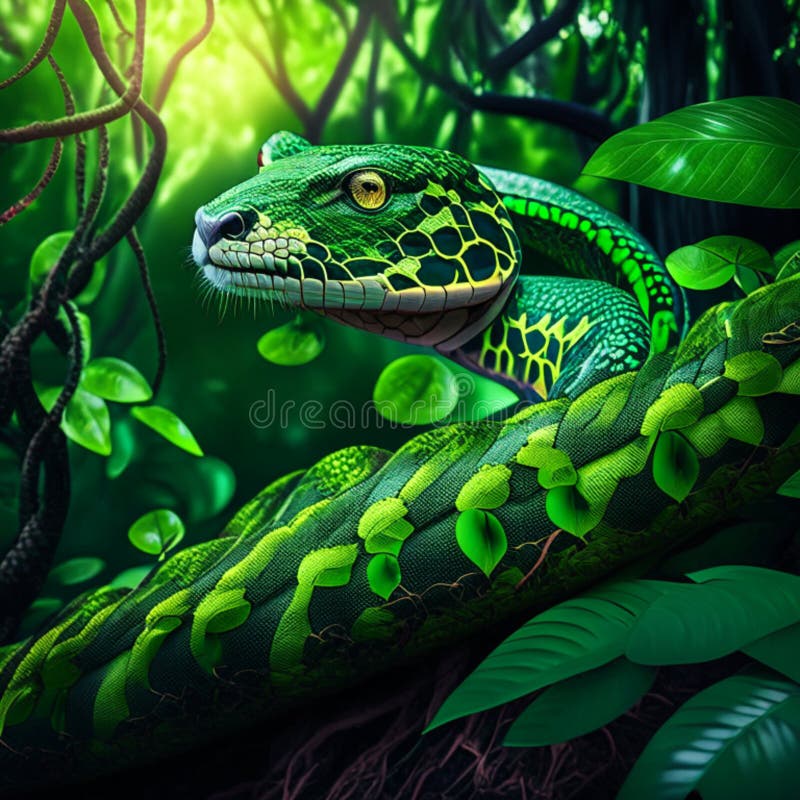 Green Snake in the Jungle. 3d Rendering. Computer Digital Drawing Stock ...