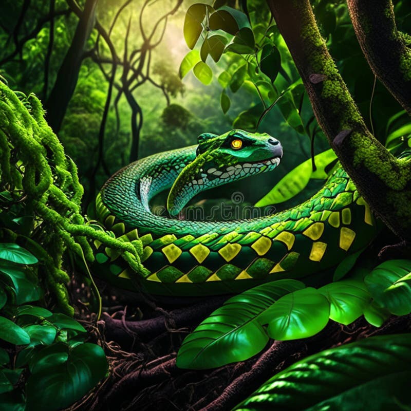 Green Snake in the Jungle, 3d Rendering. Computer Digital Drawing Stock ...
