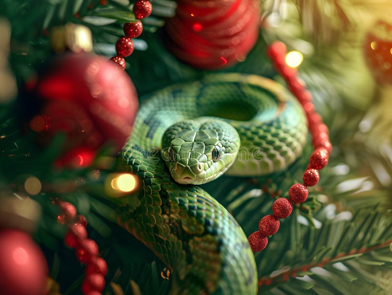 A Green Snake Looks at the Camera from the Christmas Tree Stock ...