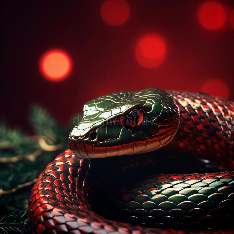Green Snake on Red Background. Christmas Lights Stock Photo - Image of ...