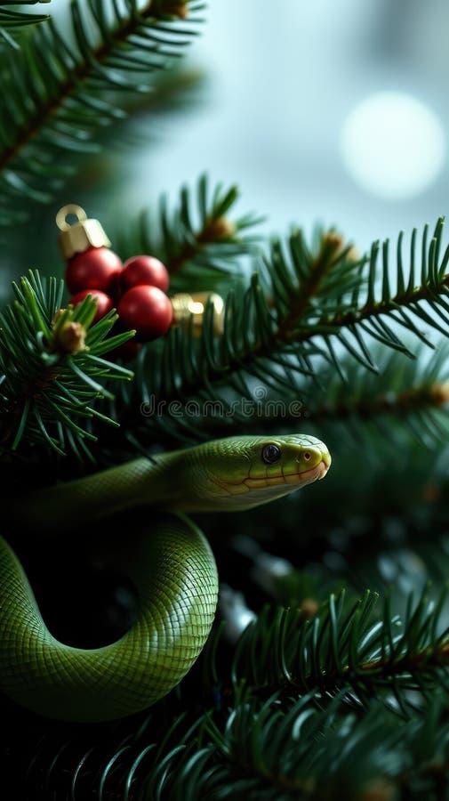 Green Snake Resting among Holiday Decorations on a Pine Tree in a Cozy ...