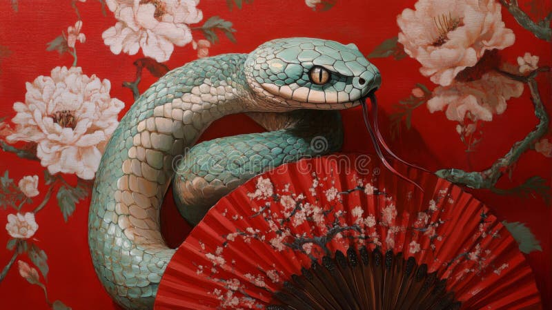Green Snake Resting on Red Floral Fan Stock Illustration - Illustration ...