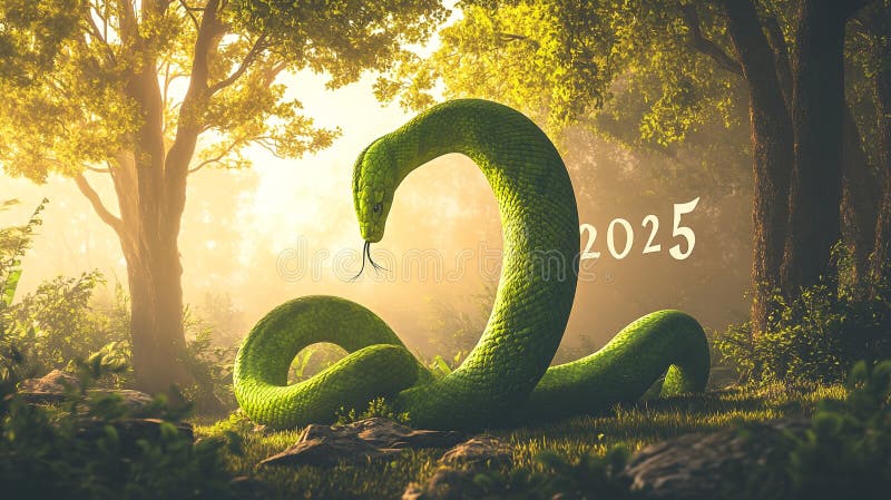 A Green Snake Rests in a Forest Setting, with the Year 2025 Visible in ...