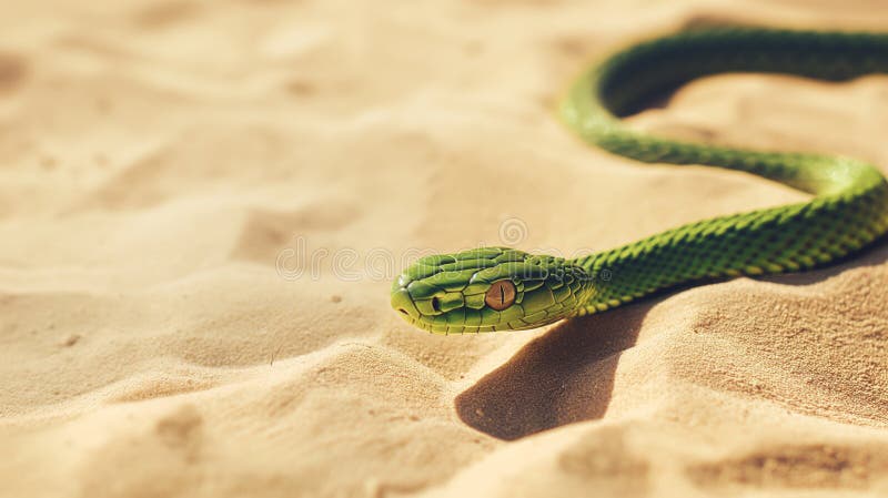 Green Snake Slithering Across Sandy Surface Under Sunlight. Detailed ...