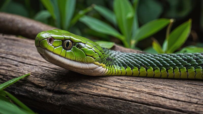 Green Snake Slithering Along a Tree Log Surrounded by Lush Vegetation ...