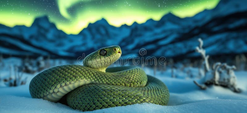 Green Snake in Snowy Landscape Under Aurora Borealis, Copy Space for ...