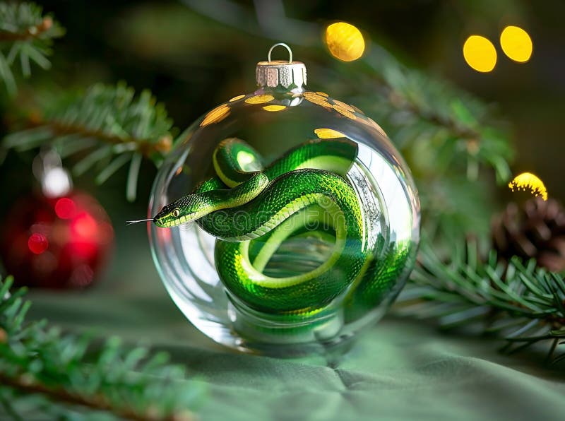 A Green Snake in a Transparent Decorative Glass Ball and Green Branches ...