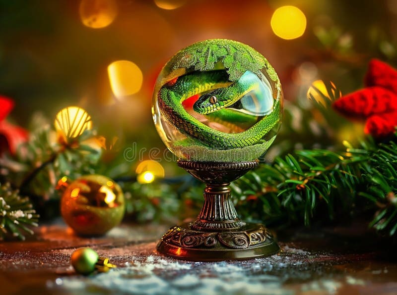 A Green Snake in a Transparent Decorative Glass Ball and Green Branches ...