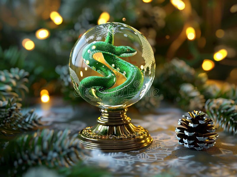 A Green Snake in a Transparent Decorative Glass Ball and Green Branches ...