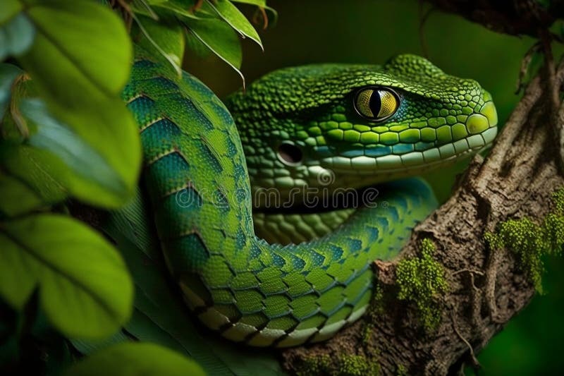 Green snake on tree. AI stock illustration. Illustration of silent ...