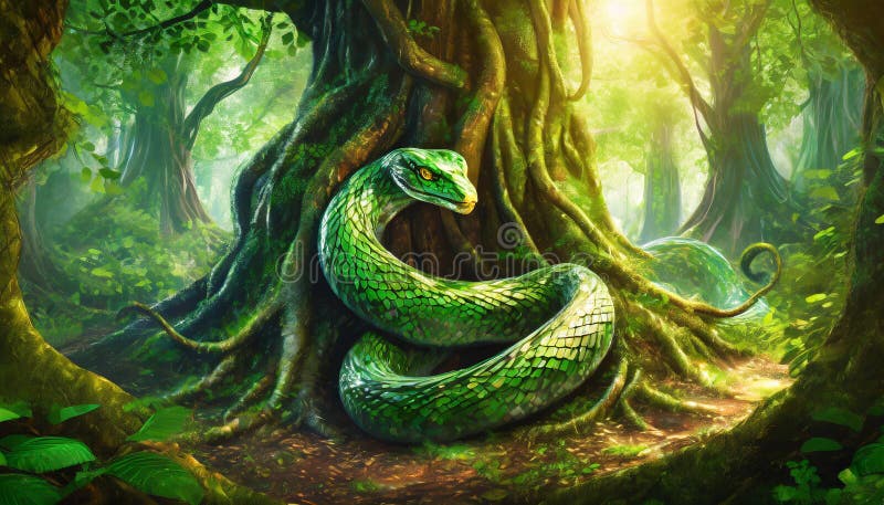 Green snake by the tree stock illustration. Illustration of green ...