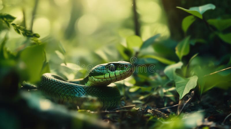Green Snake Warming in the Sun on the Forest Ground Stock Illustration ...