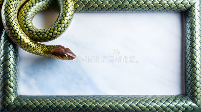 Green Snake Wrapped Around Empty Picture Frame on Marble Surface Stock ...