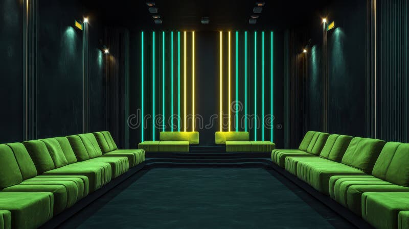 Green Sofa Lounge with Neon Light Walls in a Modern Dark Interior Stock ...