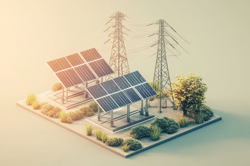 Green Solar Panels and Power Lines. 3D Render of Renewable Energy Stock ...