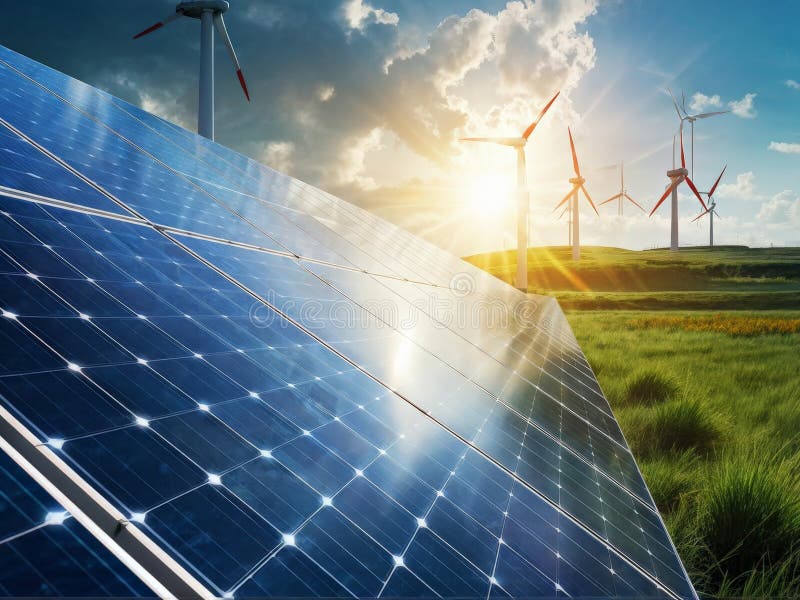 Green Solar Panels with Wind Turbine and Blue Sky Stock Illustration ...