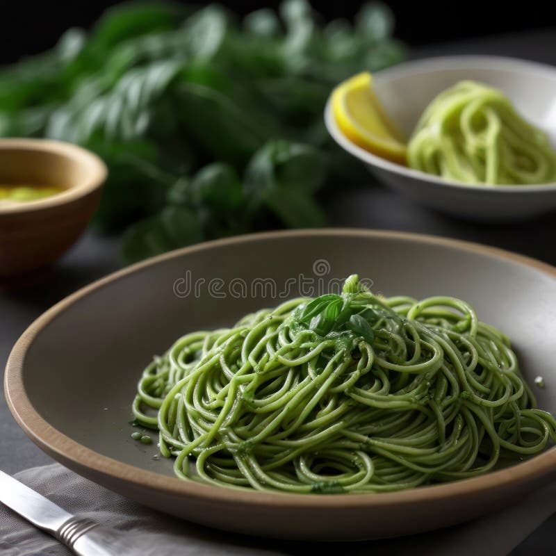 Green Spaghetti with Herbs. Vegetarian Food Stock Illustration ...
