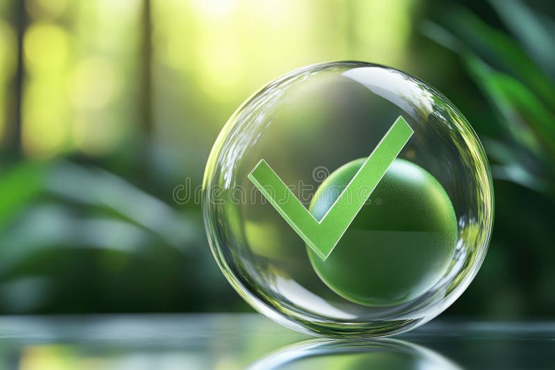 A Green Sphere with a Green Check Mark Inside a Clear Glass Stock Photo ...