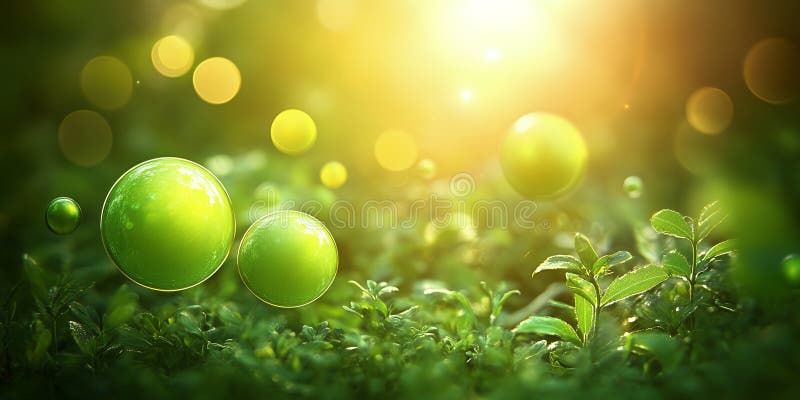 Green Spheres Hovering Over Lush Greenery in Sunlight Abstract Nature Background Stock ...