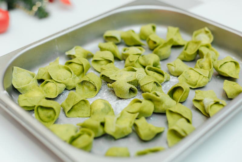 Green Spinach Dough Ravioli Ready To Cook Stock Image - Image of bowl ...