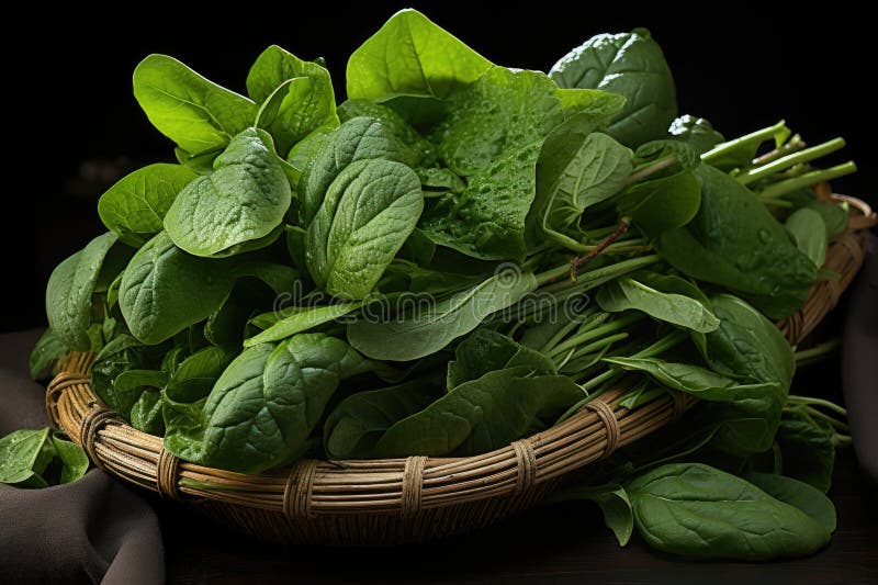 Green Spinach Leaves Isolated in Black Ba Stock Illustration ...