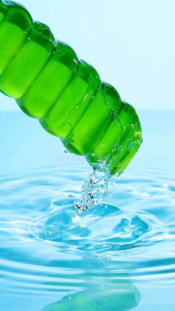 Green Spiraled Object Dripping Water into Clear Blue Liquid Stock ...