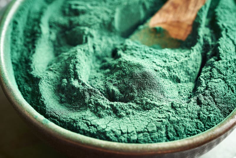 Green Spirulina Algae Powder in a Bowl, Closeup Stock Illustration ...