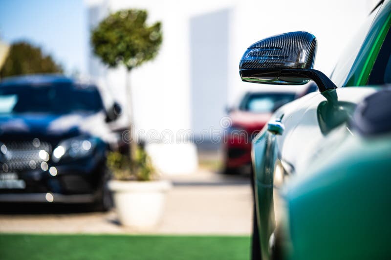 Green Sport Car Side Rear View Mirror Stock Photo - Image of driving ...