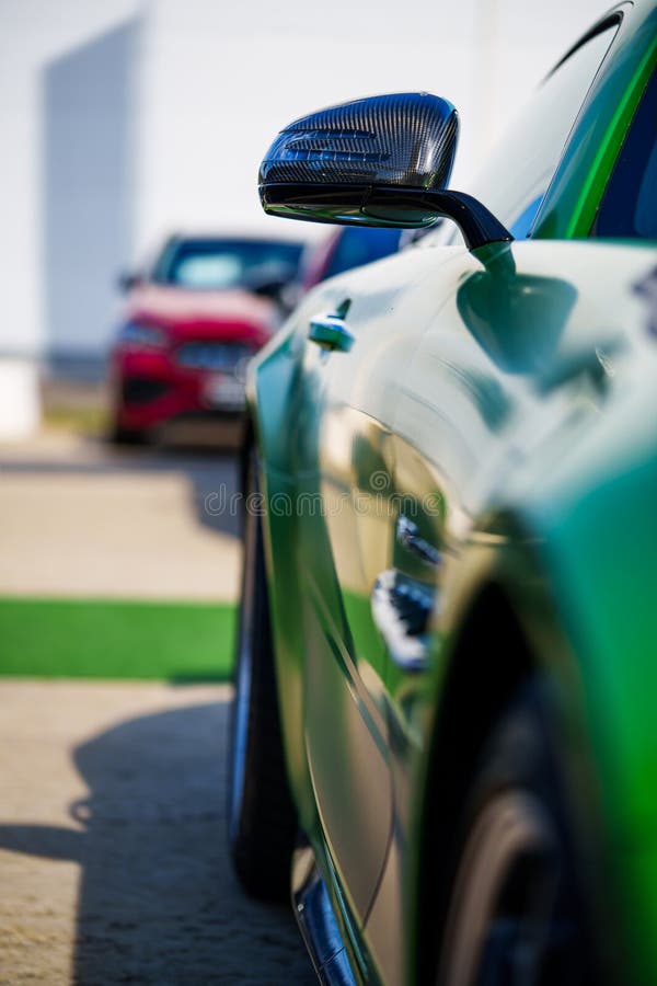 Green Sport Car Side Rear View Mirror Stock Photo - Image of glossy ...