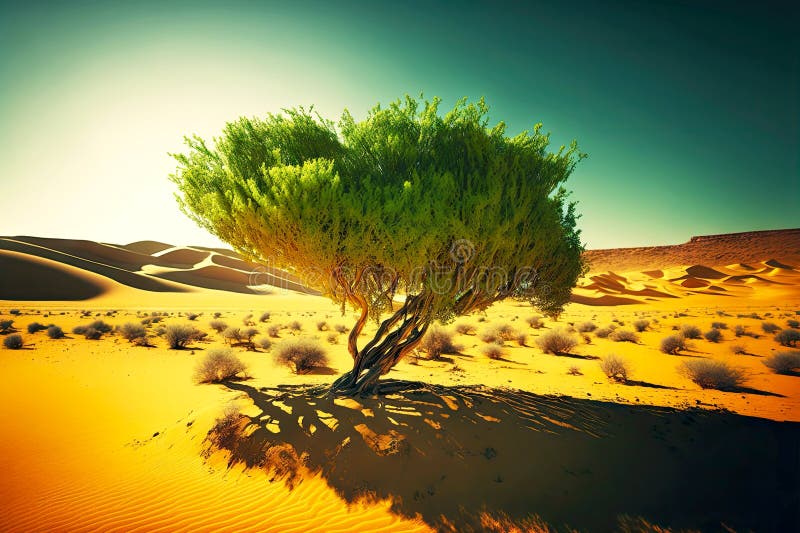 Green Sprawling Fresh Tree in Desert Illuminated by Sunlight Stock ...