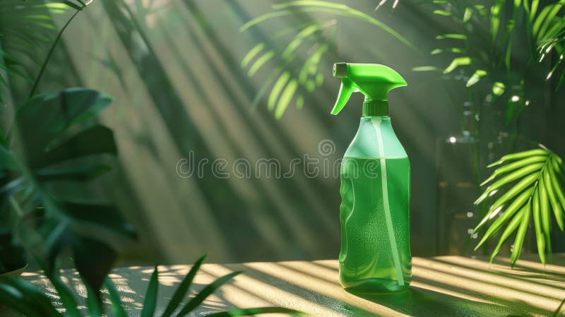 A Green Spray Bottle Sits Atop a Wooden Table, Ready for Use Stock ...