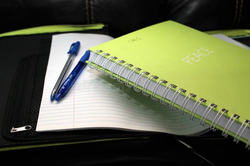 Green Spring Bind Book Beside 2 Blue Pens Picture. Image: 92330449