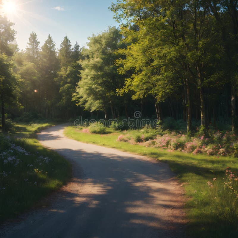 The Green Spring Nature Forest Landscape Has a Path in the Sun. Stock ...