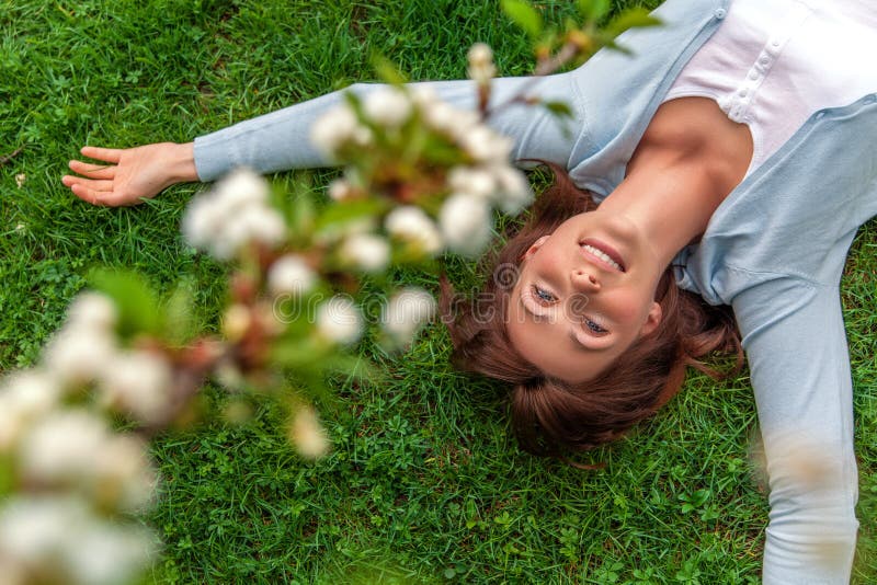 Green springtime female stock photo. Image of lawn, face - 88689642