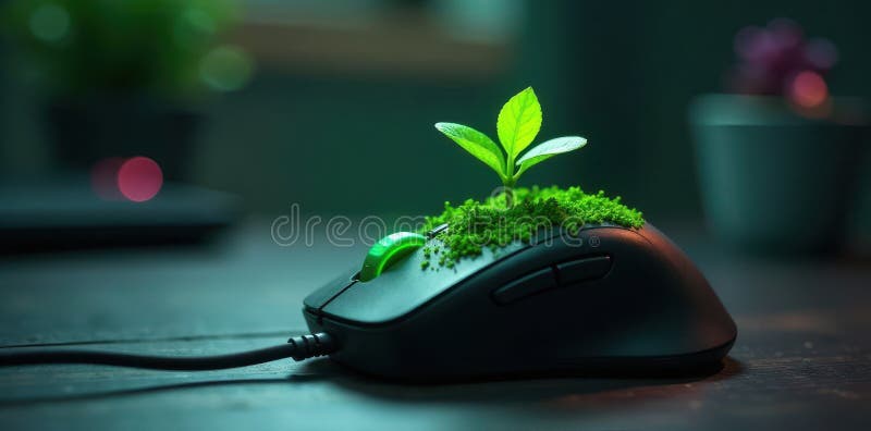 Green Sprout Emerges from Wired Computer Mouse , Analog, Digital Nature ...