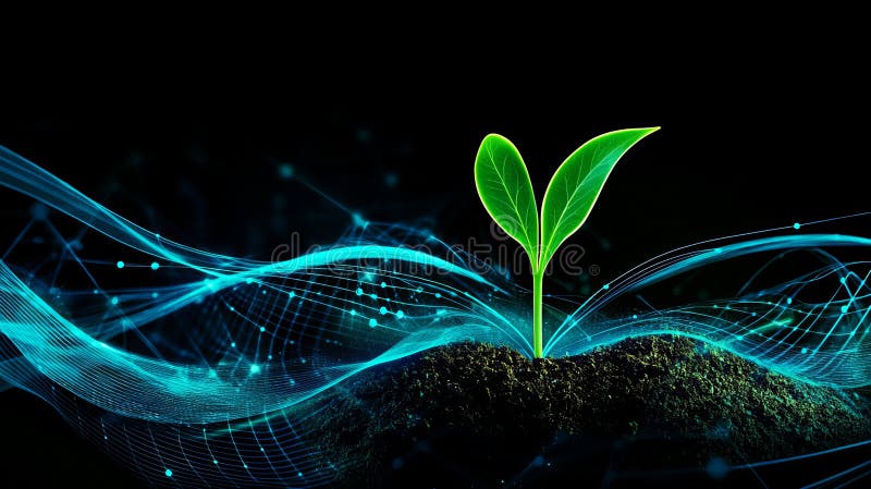Green Sprout Emerging from Soil Amidst a Blue Digital Network ...