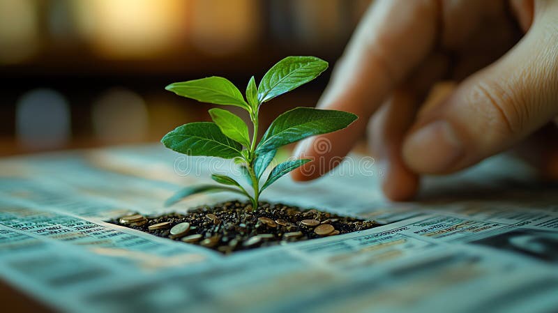 A Green Sprout Emerging from Soil on a Newspaper, Symbolizing Growth ...