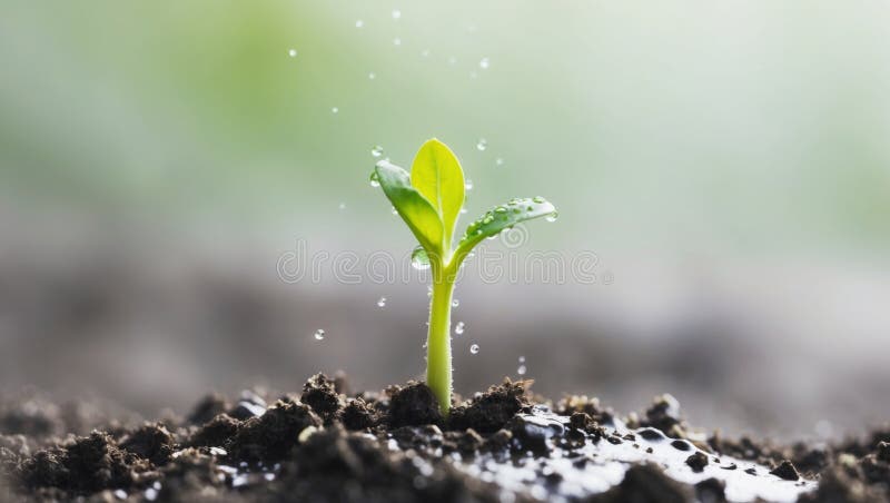 Green Sprout Growing from Soil with Water Drops. Stock Photo - Image of ...