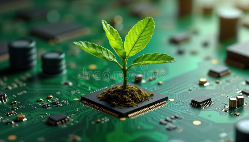 Green Sprout Grows on Computer Circuit Board. Eco-friendly Tech Concept ...